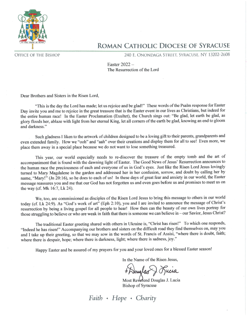 Bishop Lucia Easter Letter – Catholic Community of St. Stephen's – St ...